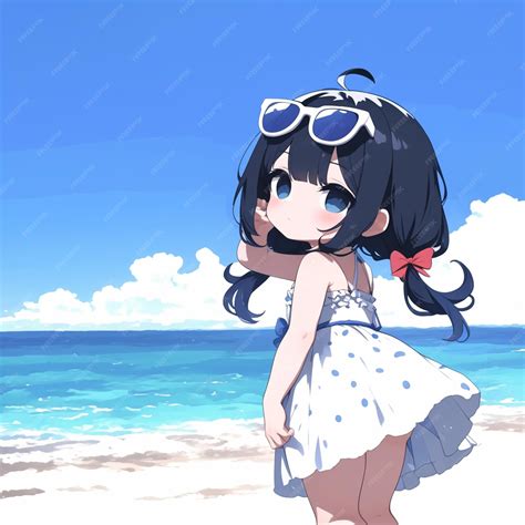 Anime Girl In A White Dress And Sunglasses Standing On A Beach