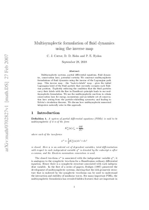 Pdf Multisymplectic Formulation Of Fluid Dynamics Using The Inverse Map