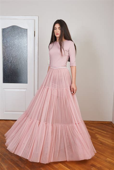 Blush Pink Tiered Tulle Maxi Skirt Editorial Fashion And Formal
