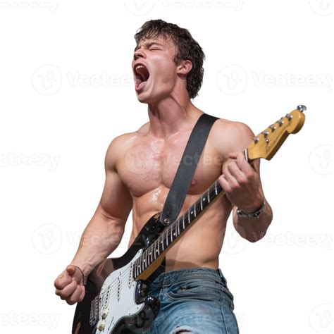 Energetic Shirtless Guitarist Passionately Performs Rock Music On