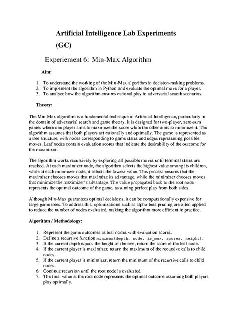 21cse028 Final Lab Report Minimax Algorithm Implementation Studocu