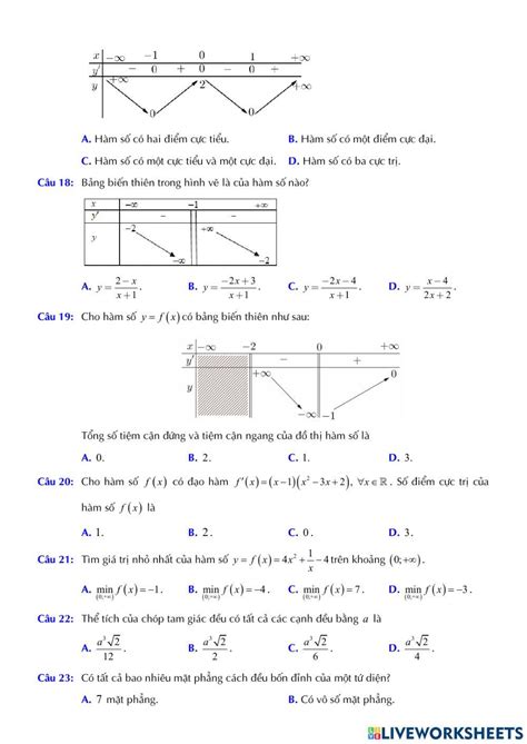 Toán 12 Kiểm Tra Gk1 Đề Số 07 Worksheet Live Worksheets
