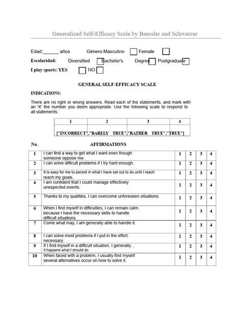 General Self Efficacy Scale By Baessler And Schwarzer Pdf