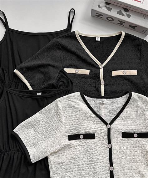 44 120 젤린디 스판 링클 배색 가디건 밴딩 나시 원피스 세트 에이블리