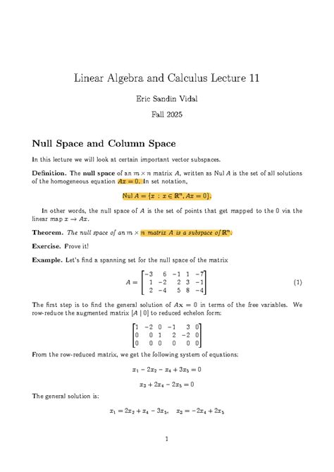 Linear Algebra And Calculus Lecture 11 Null Space And Column Space Notes