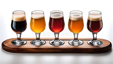 A Variety Of Beer Samples Displayed In Elegant Glasses On A Wooden Tray With A Clean Background
