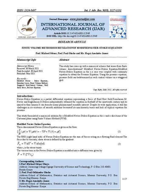 Finite Volume Methoddiscretization Of Modifiednavier Stokes Equation Pdf Navierstokes