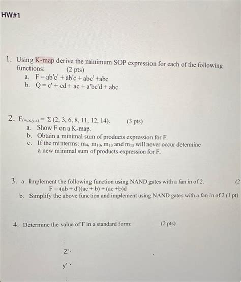 solved 1 using k map derive the minimum sop expression for