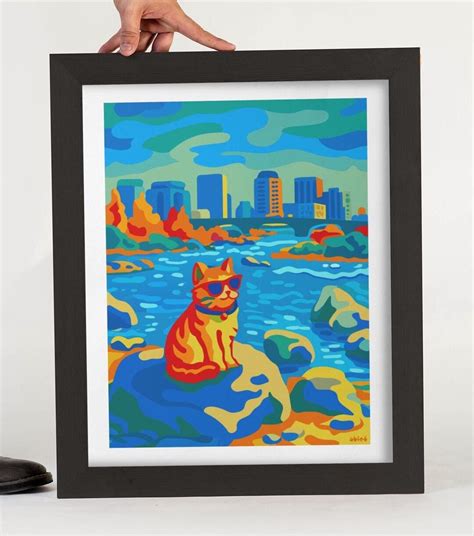 Richmond Rva Cat Art Print Belle Isle Skyline Local Artist 11 X 14