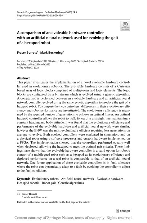 pdf a comparison of an evolvable hardware controller with an