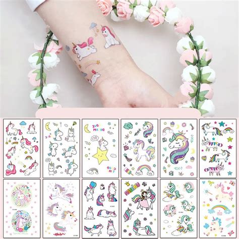 귀여운 만화 유니콘 문신 귀여운 가짜 Taty 어린이 바디 아트 방수 임시 문신 스티커 임시 문신 AliExpress