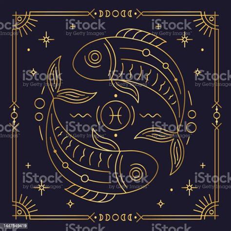 물고기자리 조디악 점성술 별자리 황금 기호 다크 네이비 카드 곤색에 대한 스톡 벡터 아트 및 기타 이미지 곤색 금색 날씬한 Istock