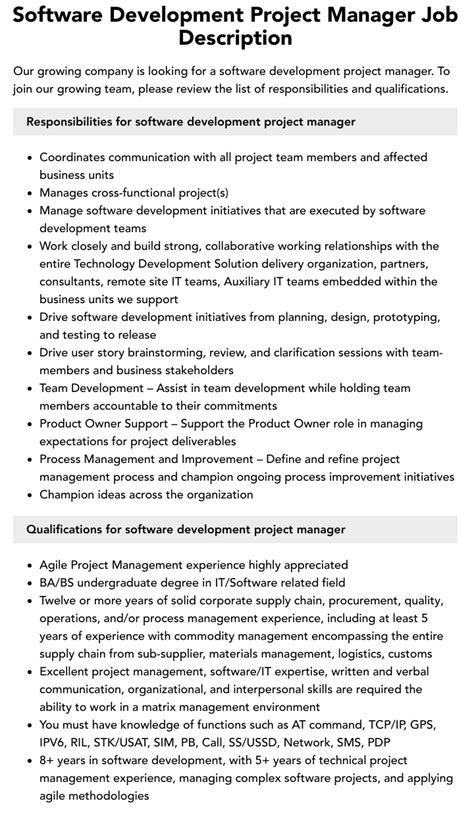 Software Development Project Manager Job Description Velvet Jobs