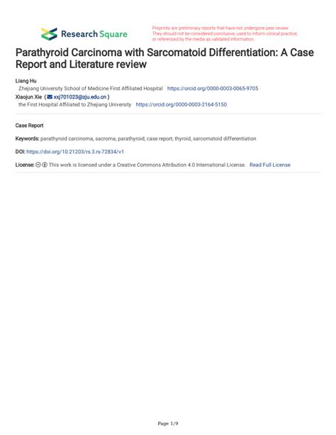 Pdf Parathyroid Carcinoma With Sarcomatoid Differentiation A Case Report And Literature Review