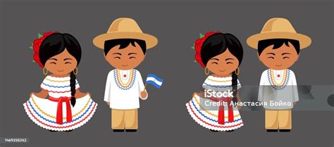 Woman And Man In Nicaragua National Costume Nicaraguans Couple Cartoon