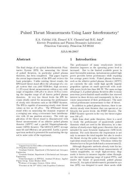 Pdf Pulsed Thrust Measurements Using Laser Interferometry