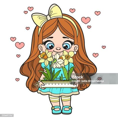 귀여운 만화 긴 머리 소녀는 흰색 배경에 색칠 공부 페이지에 대 한 수선화 색상 변화와 긴 냄비를 손에 들고 있습니다 귀여운에