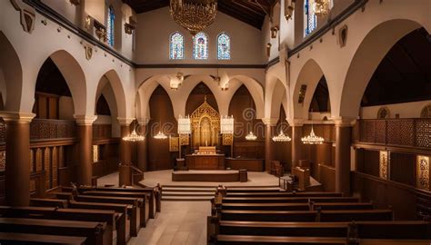 Interior of a Church with Wooden Pews and Stained Glass Stock Illustration - Illustration of ...