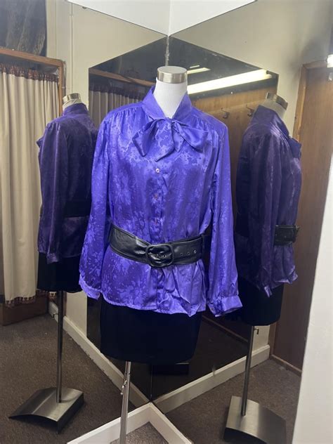 Ladies Vintage 1980s Pussy Bow Purple Satin Shirt Chaos Bazaar Vintage