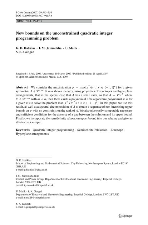 Pdf New Bounds On The Unconstrained Quadratic Integer Programming Problem