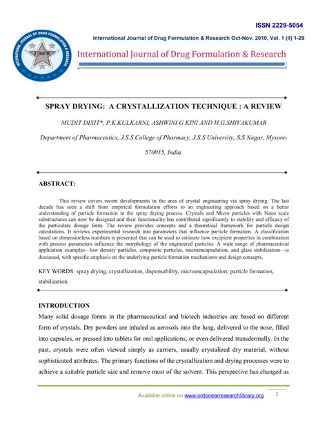 Pdf Spray Drying A Crystallization Technique A Review