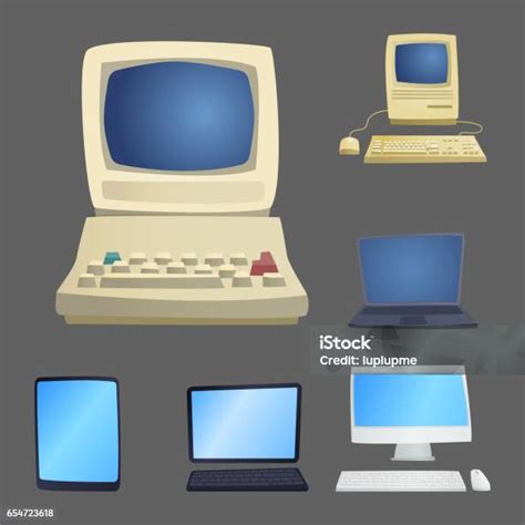 레트로 컴퓨터 항목 클래식 골동품 기술 스타일 비즈니스 개인 장비와 빈티지 Pc 데스크톱 하드웨어 통신 개체 벡터 일러스트 레이