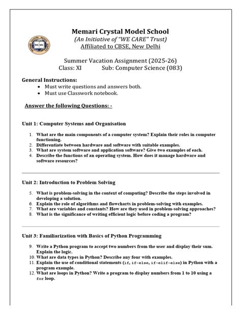Class Xi Computer Science Summer Assignment Pdf