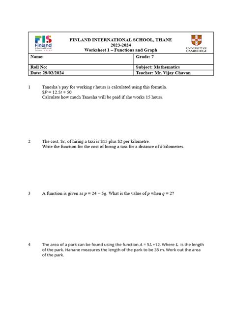 Worksheets Grade 7 Functions And Graph Pdf