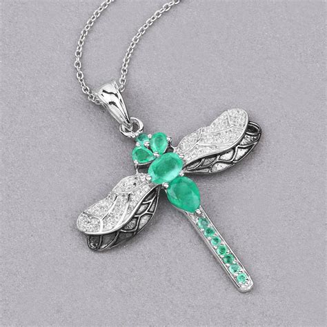 Genuine Emerald Dragonfly Sterling Silver Pendant Necklace For Women
