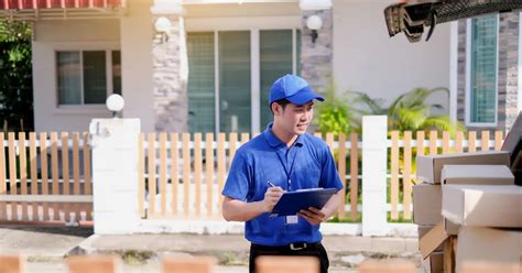 파란색 유니폼을 입은 젊은 배달원이 운송 차량으로 고객에게 보낼 제품 상자를 확인합니다 사진 Unsplash의 산업 이미지