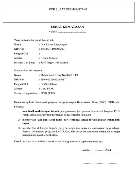 Template Surat Izin Atasan Peserta Diseminasi Ppkg Jok 2 Pdf