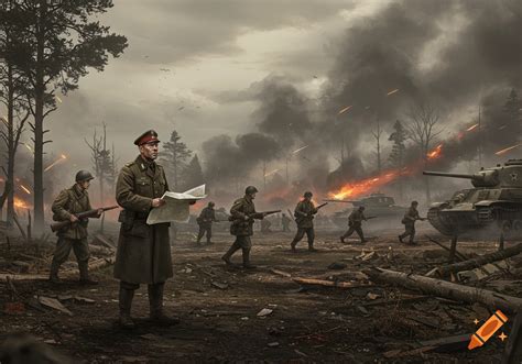 A Photorealistic Illustration Of A General With A Map Leading Soldiers