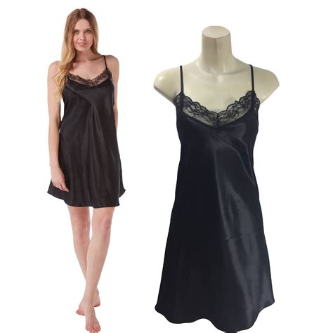 Plain Black Sexy Silky Satin Floral Lace Chemise Nightie Full Slip Neg