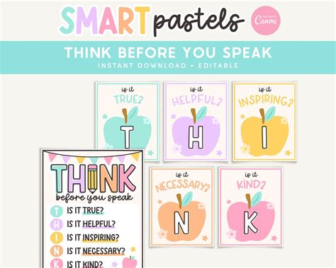 Editable Think Classroom Printable Posters Think Before You Speak
