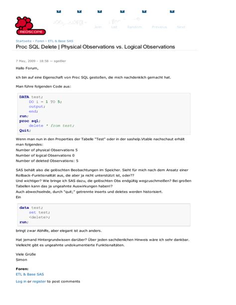 Proc SQL Delete Physical Observations Vs