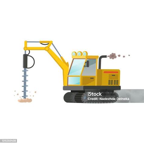 흰색 배경에 고립 된 노란색 드릴링 트랙터 건설 기계 플랫 벡터 일러스트레이션 드릴에 대한 스톡 벡터 아트 및 기타 이미지 드릴 흙 건설 산업 Istock
