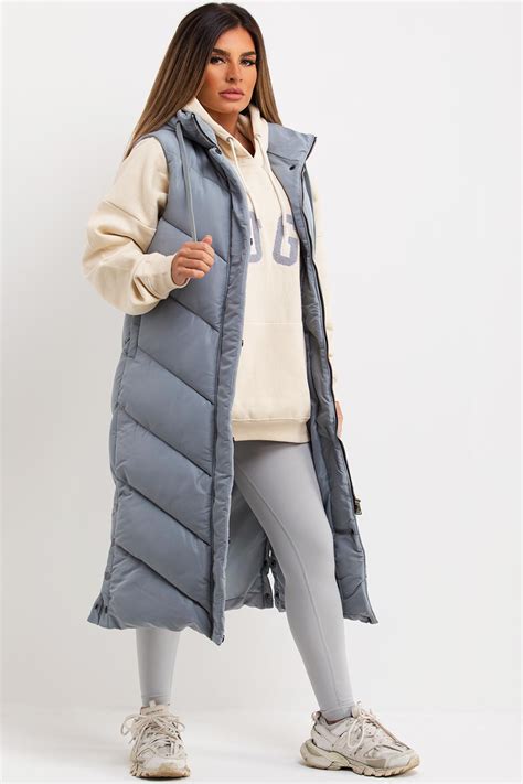 Womens Grey Long Gilet With Chevron Padded Style Uk