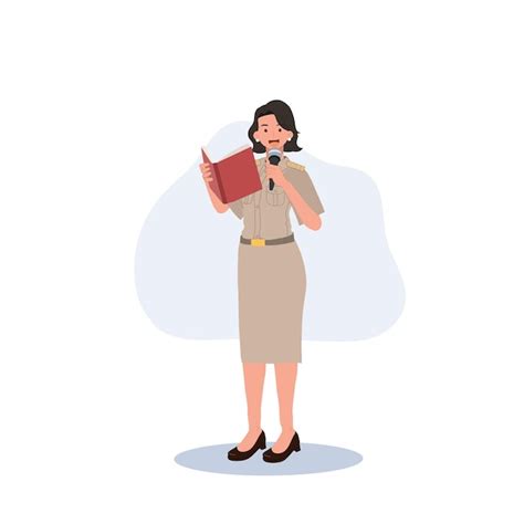 제복을 입은 여성 태국 정부 관리 여성 태국 교사가 책 벡터 그림에서 지식을 설명합니다 프리미엄 벡터