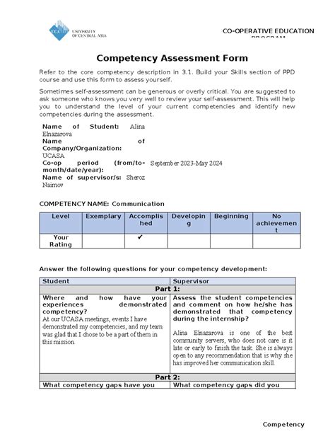 Competency Assessment Form 32 1 Ucasa Program Competency