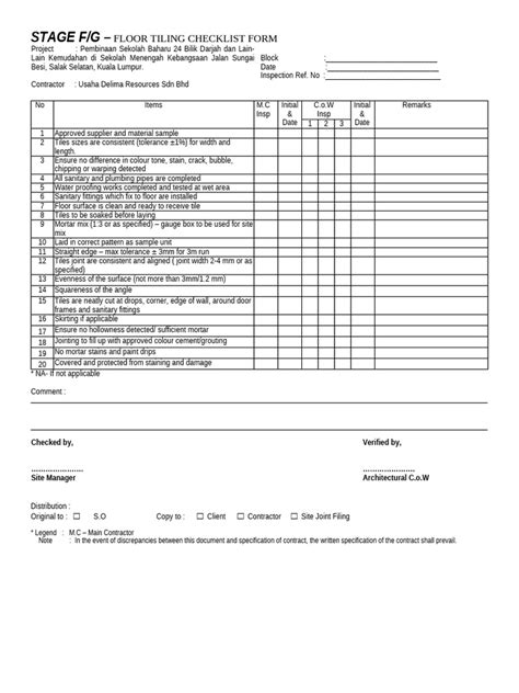 Floor Tiling Inspection Checklist Pdf Building Engineering