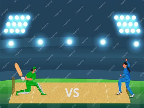 파키스탄 대 인도의 참가 국가 팀 경기장 보기 배경에서 타자 선수에게 공을 던지는 여성 크리켓 볼러 프리미엄 벡터