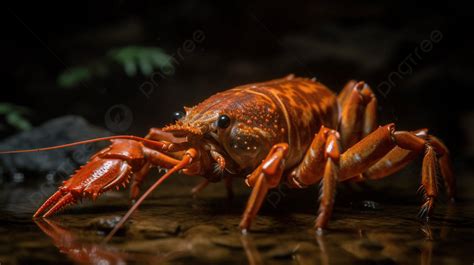 An Orange Crayfish In Water Near Rocks Background American Crayfish