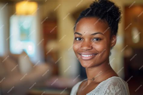 Beautiful African American Woman Smiling Indoors Premium Ai Generated