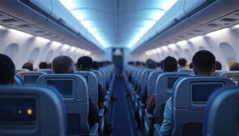 Rows Of Passenger Seats Inside An Airplane Cabin Seats Feature Screens