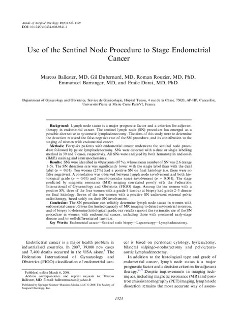 Pdf Use Of The Sentinel Node Procedure To Stage Endometrial Cancer
