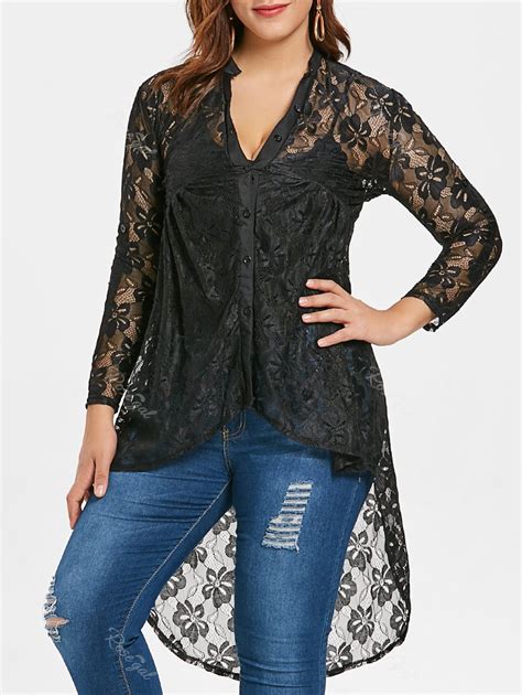 29 Off Plus Size Button Up High Low Lace Blouse Rosegal