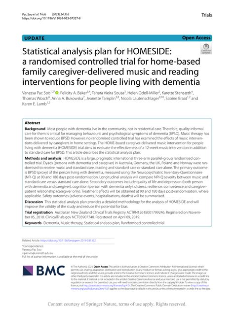 Pdf Statistical Analysis Plan For Homeside A Randomised Controlled Trial For Home Based