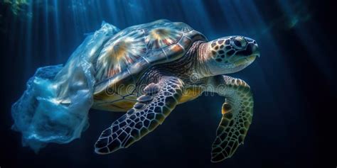 Underwater Turtle In Blue Ocean With Plastic Bag Ai Generative