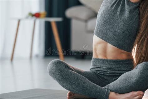 Strong Abs Young Woman With Slim Body Type And In Yoga Clothes Is At