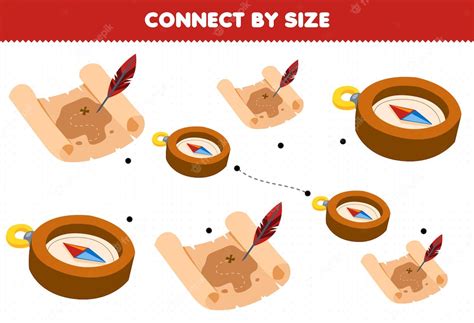 아이들을 위한 교육용 게임은 귀여운 만화 나침반과 보물 상자 인쇄 가능한 해적 워크시트의 크기로 연결됩니다 프리미엄 벡터